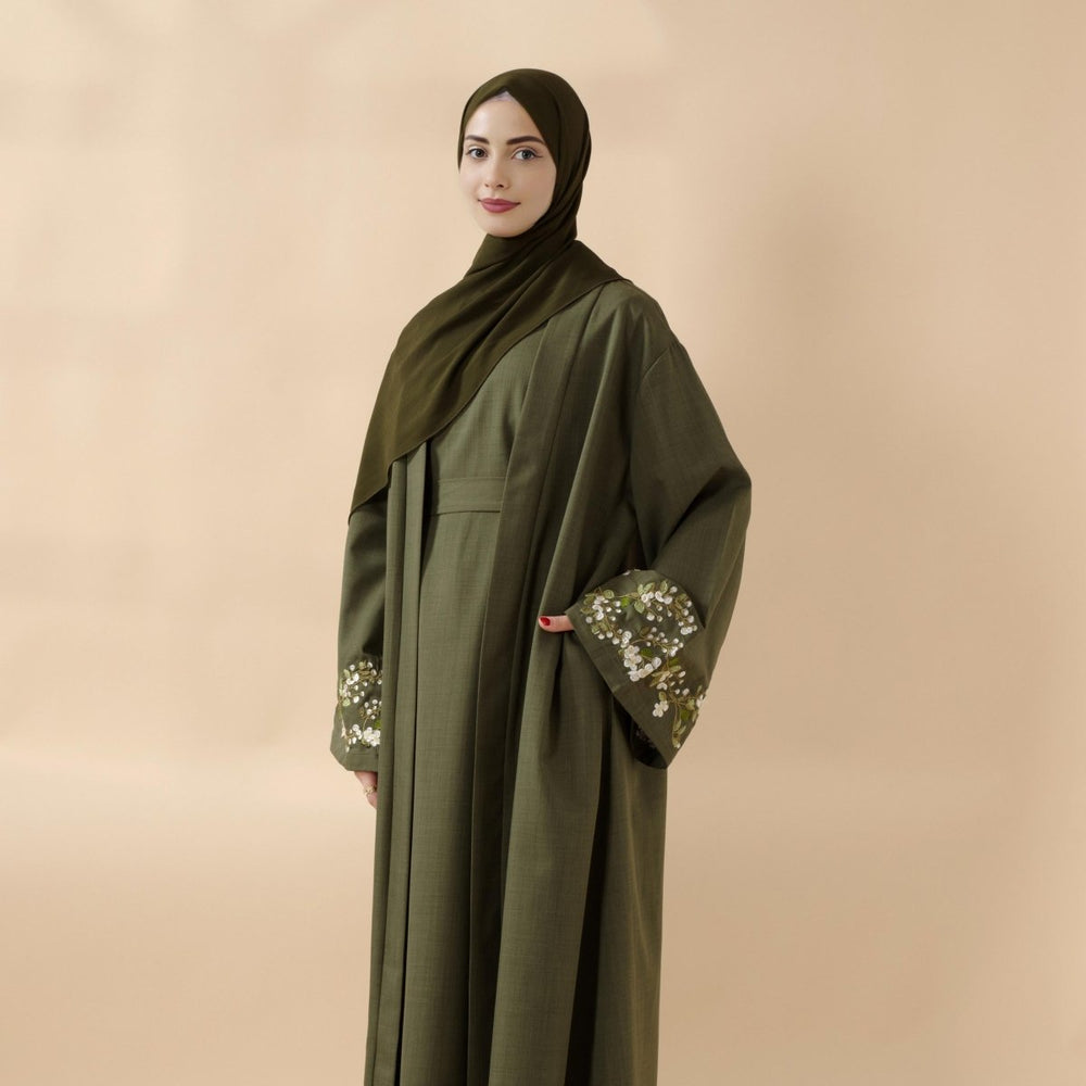 Olive Branch Embroidered Linen Abaya Set With Matching Belt & Hijab