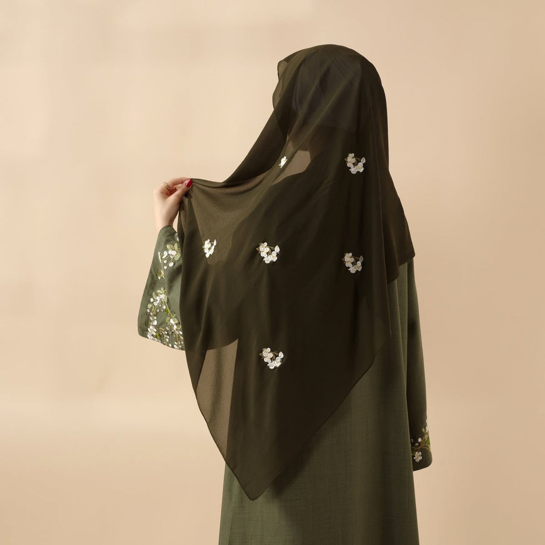 Olive Branch Embroidered Linen Abaya Set With Matching Belt & Hijab