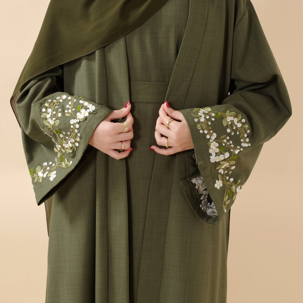 Olive Branch Embroidered Linen Abaya Set With Matching Belt & Hijab