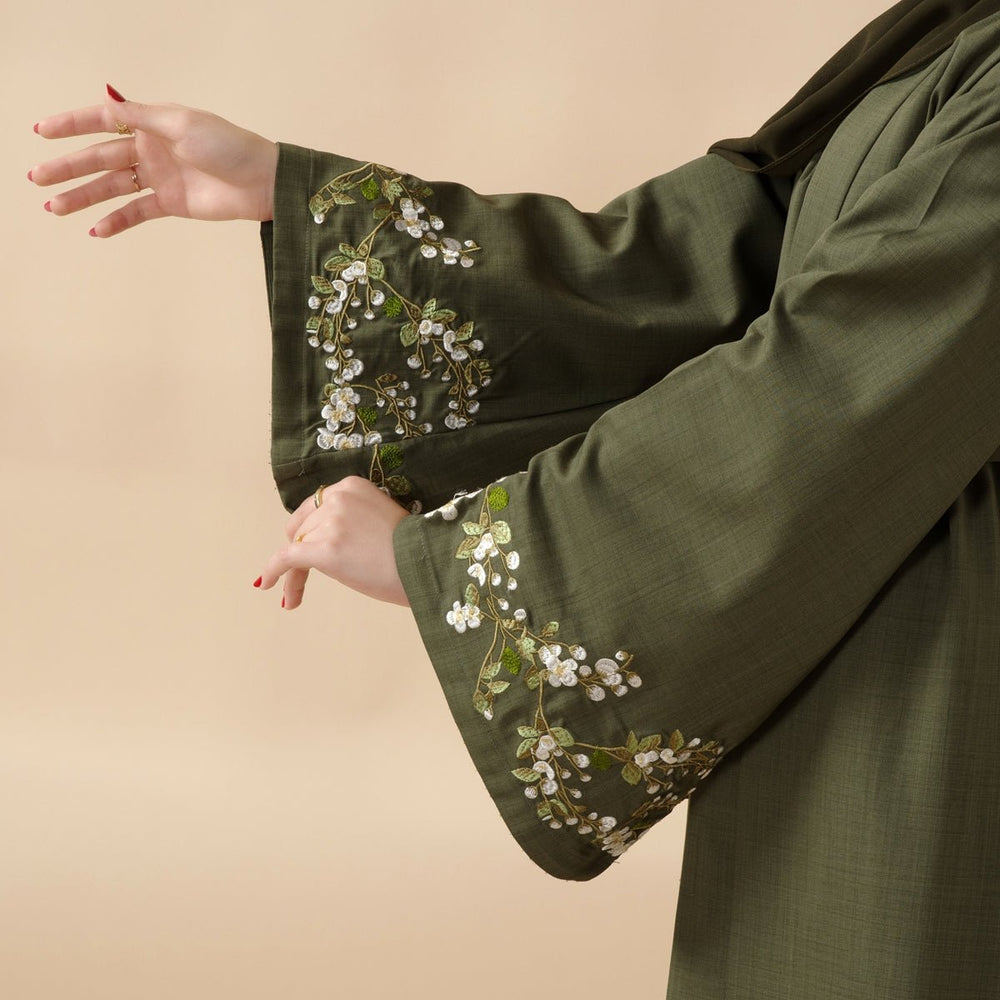Olive Branch Embroidered Linen Abaya Set With Matching Belt & Hijab