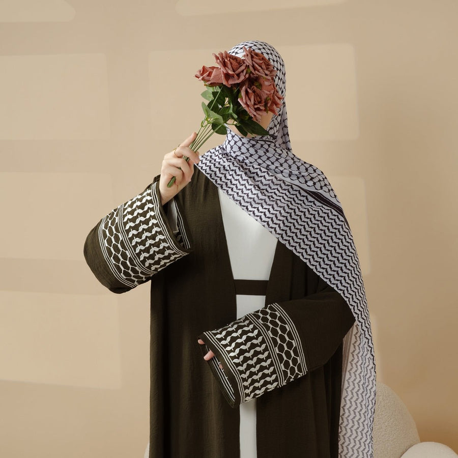 Palestine Kaffiyeh Embroidery Sleeve Colorful Cardigan Open Abaya (MO