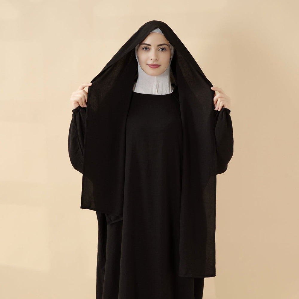 Cocoon-Cut Crepe Abaya Perfect For Umrah With One-Piece Hijab Attached