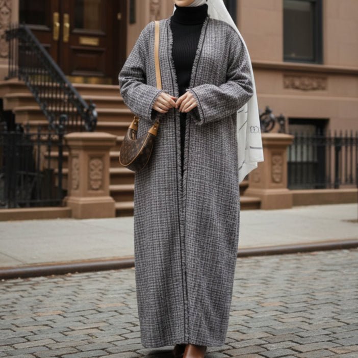 Chanel-Inspired Open Abaya Coat with Fringe and Plaid Tweed Design