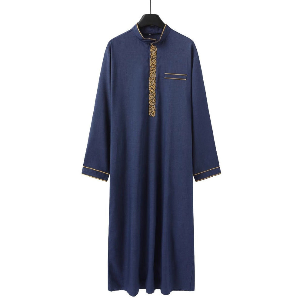 Premium Embroidered Stand Collar Thobe Navy & White Loose Fit Muslim ...