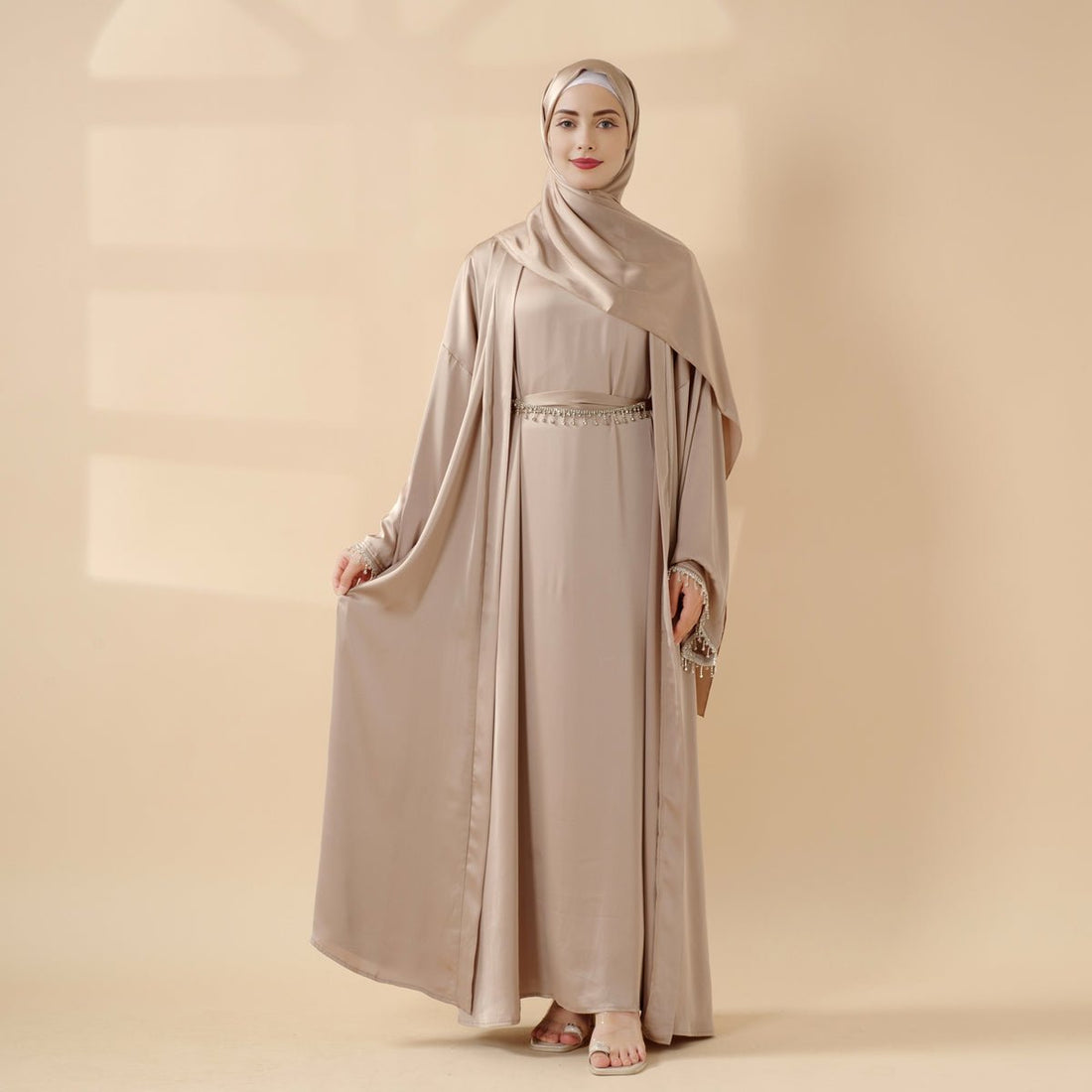 Satin Abaya With Matching Belt Made Of Diamond Tassel