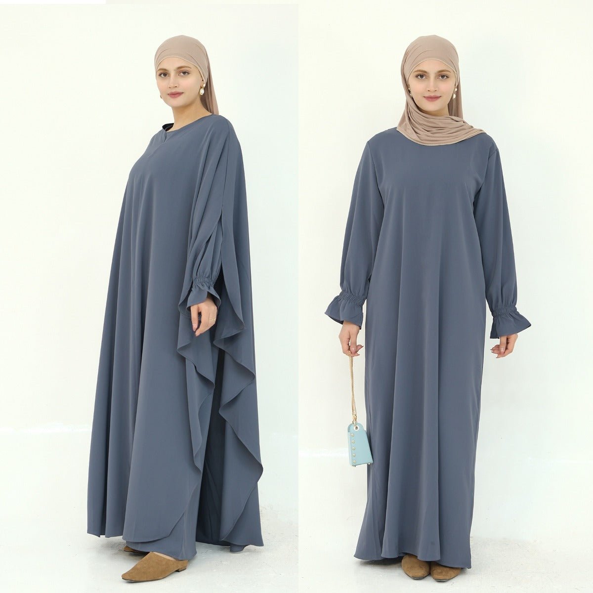 Solid Color Modest Robe Dress Two-Piece Set – Muslim Abaya with Puff S