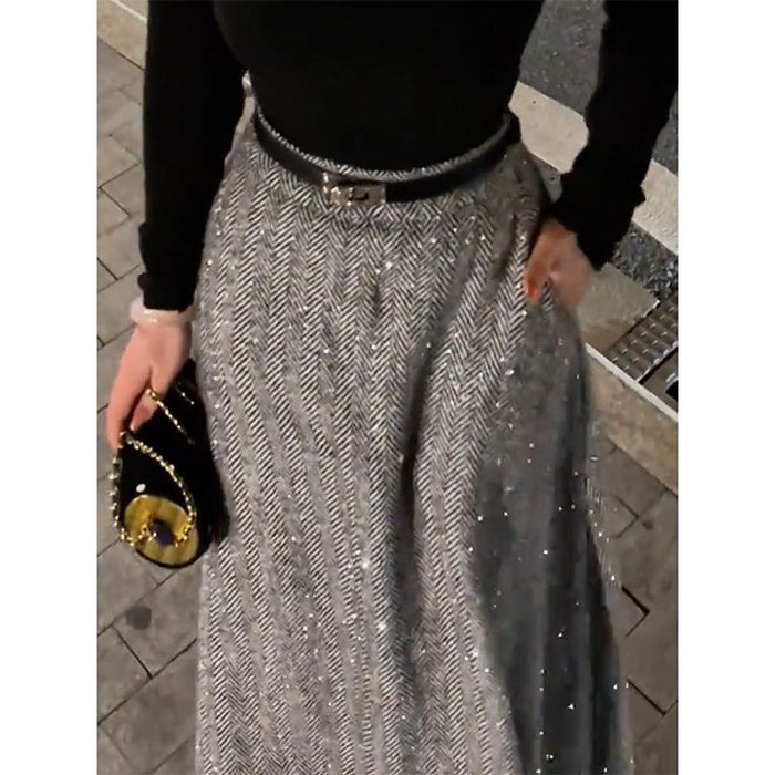 Sparkle Tweed Midi Skirt with Pockets | High-Waist A-Line Herringbone