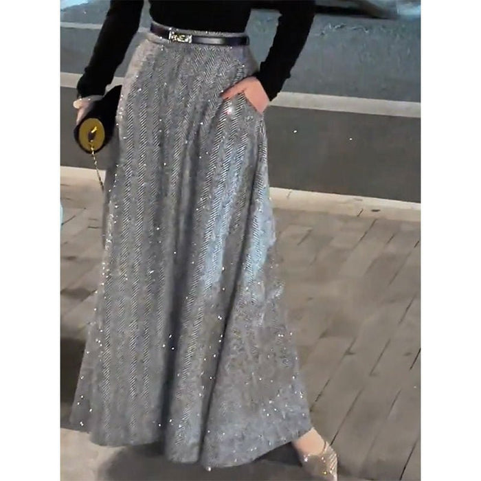 Sparkle Tweed Midi Skirt with Pockets | High-Waist A-Line Herringbone