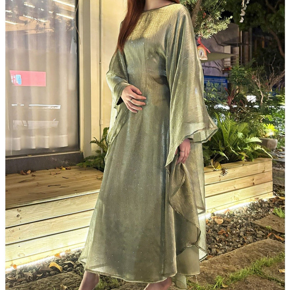 Olive Green Sequin Abaya Dress | Starry Night 2-Piece Maxi Dress with ...