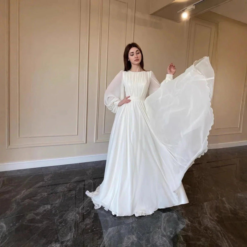 White Chiffon Princess Dress Abaya with Lantern Sleeves | Elegant ...