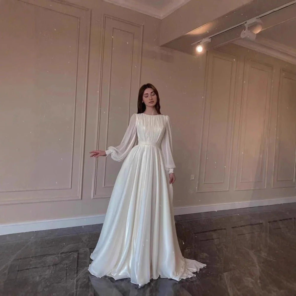 White Chiffon Princess Dress Abaya with Lantern Sleeves | Elegant ...