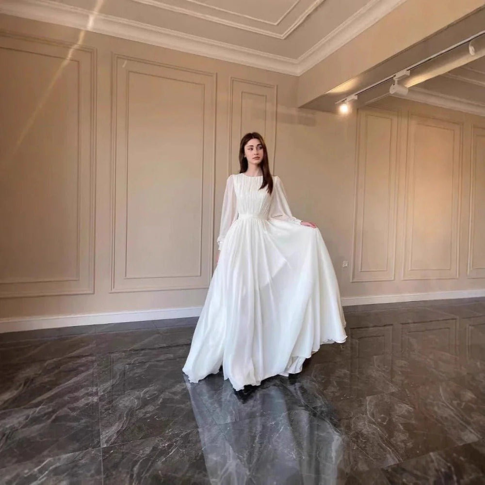 White Chiffon Princess Dress Abaya with Lantern Sleeves | Elegant ...